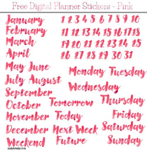50 Free Digital Planner Stickers - PINK WATERCOLOR Months, Days and ...