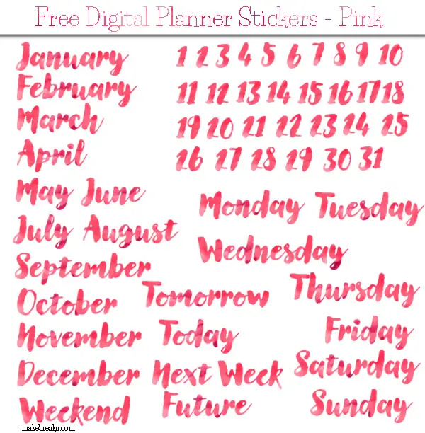 50 Free Digital Planner Stickers - PINK WATERCOLOR Months, Days and ...