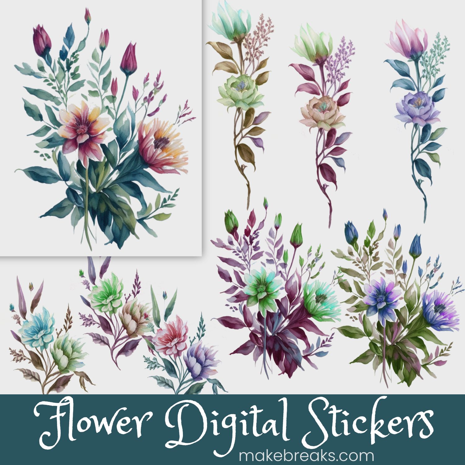 Free Watercolor Flower Bouquet Digital Planner Stickers - Make Breaks