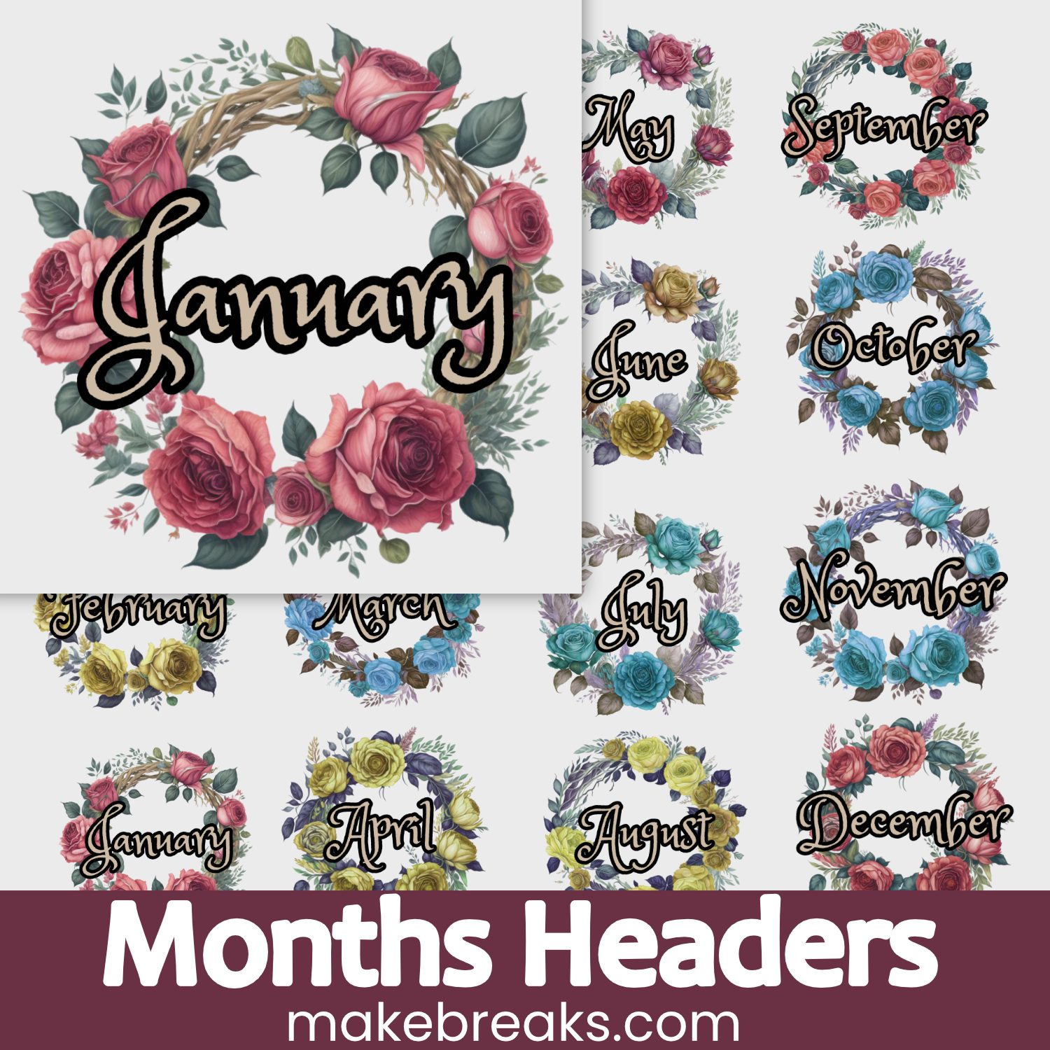 Free Watercolor Flower Wreath Month Headers Digital Planner Stickers ...