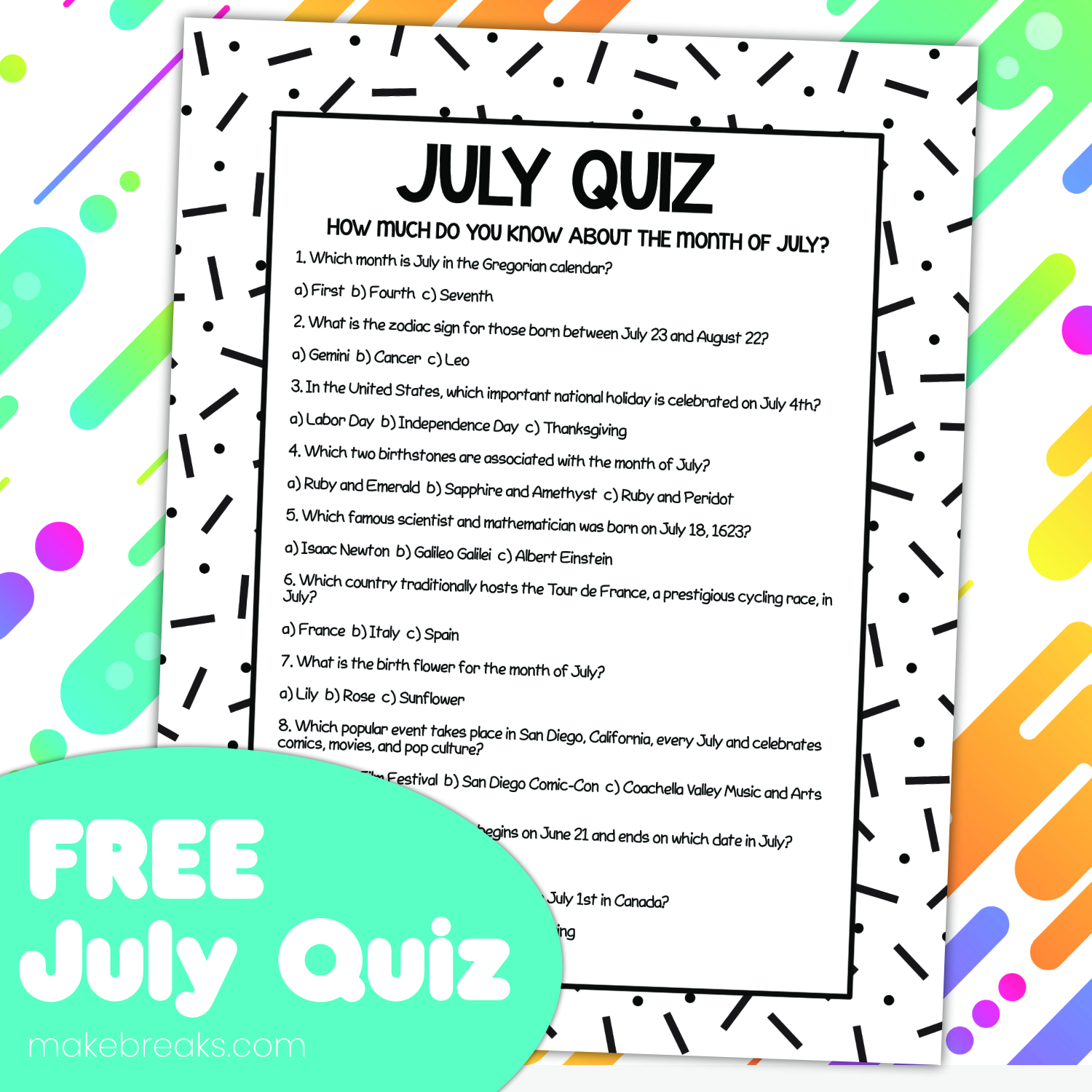 Free Printable Quiz About July - Make Breaks