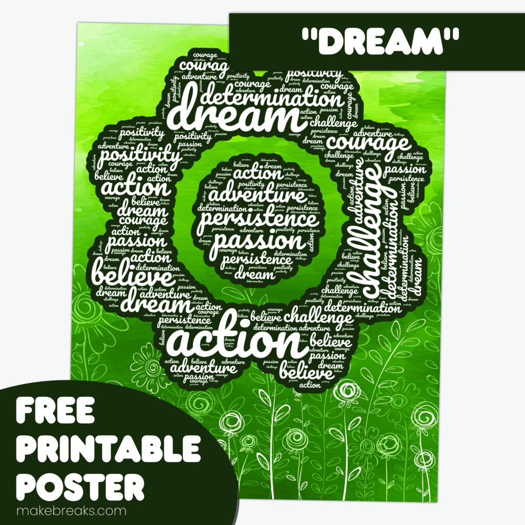 Free Printable 'Dream' Motivational Word Cloud Poster - Make Breaks
