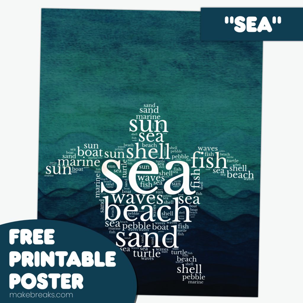Free Printable 'Sea' Beach Themed Word Cloud Poster - Make Breaks