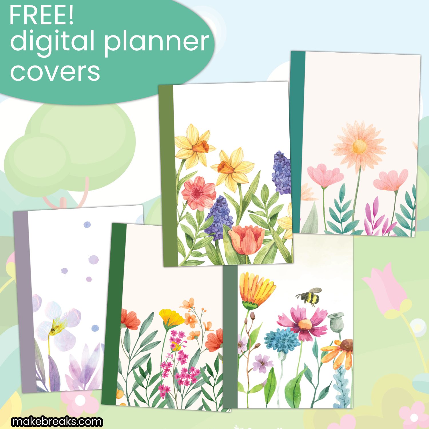 Watercolor Spring Flower Digital Planner Cover - Make Breaks